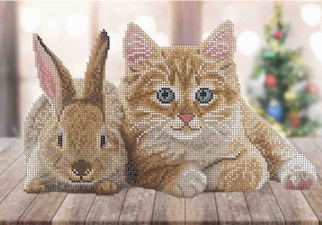 Bead Embroidery Kit Cat With Rabbit DIY Beadwork Kit Beading - Etsy