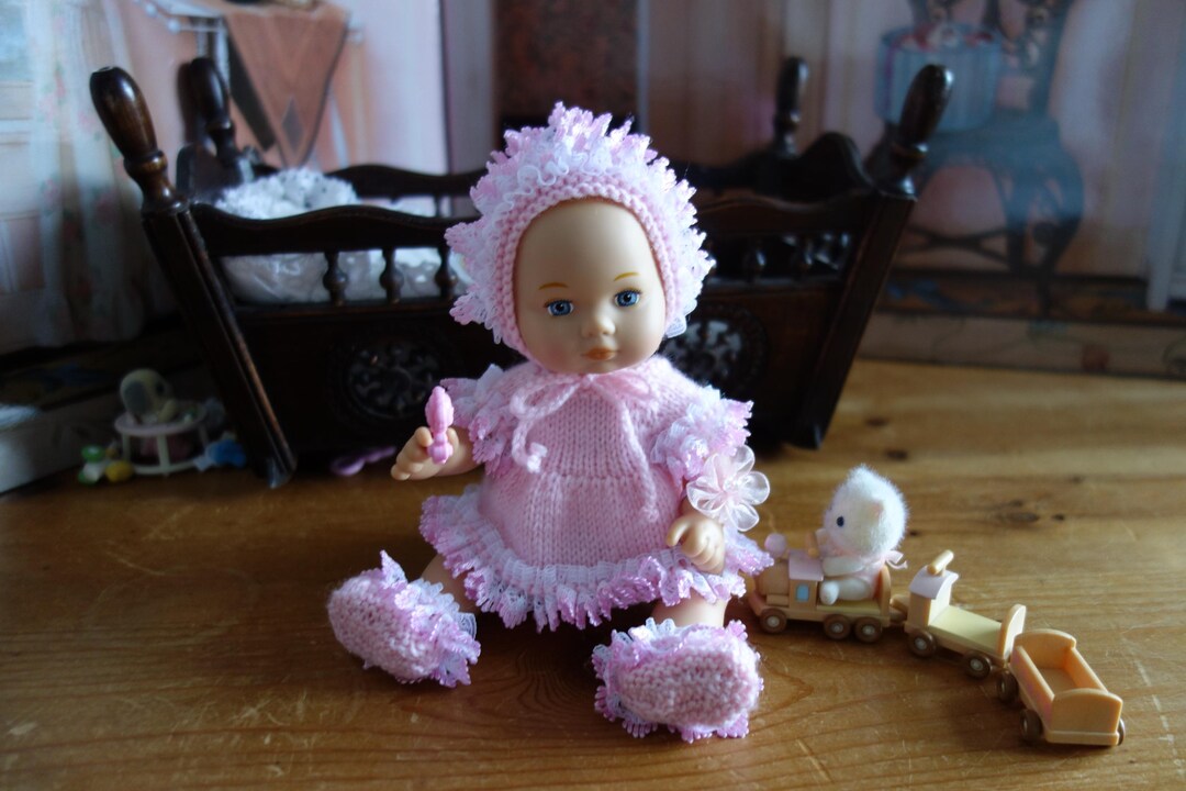 Frilly Doll Dress, Frilly Pants, Bonnet and Bootees in Pink to Fit 8 ...