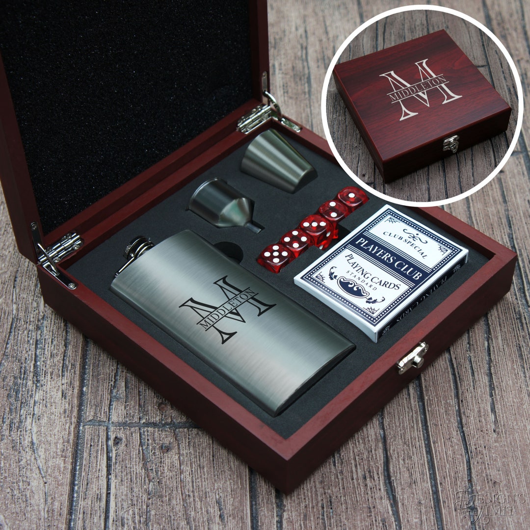 Personalized Flask Set Including Funnel, Dice, & Cards With Engraving ...