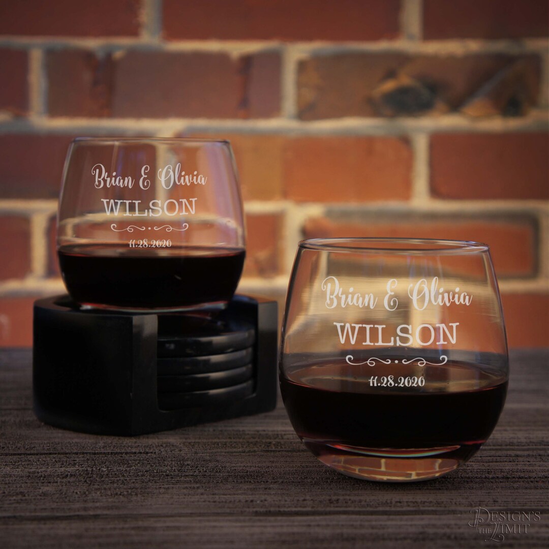 Personalized Stemless Wine Glasses White Or Red Set Of Two Heavy Bottom Wine Glasses Engraved