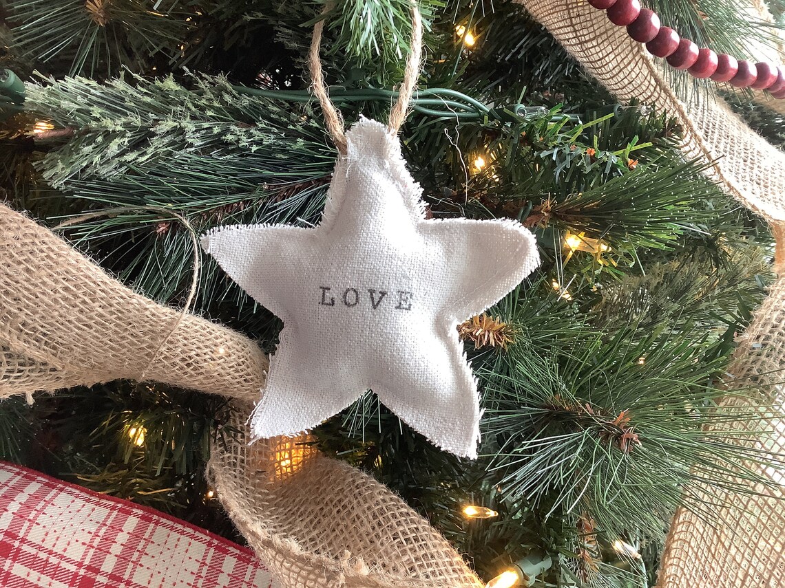 Christmas- Set of 6 Canvas Star Shaped Ornaments "peace", "joy", "love ...