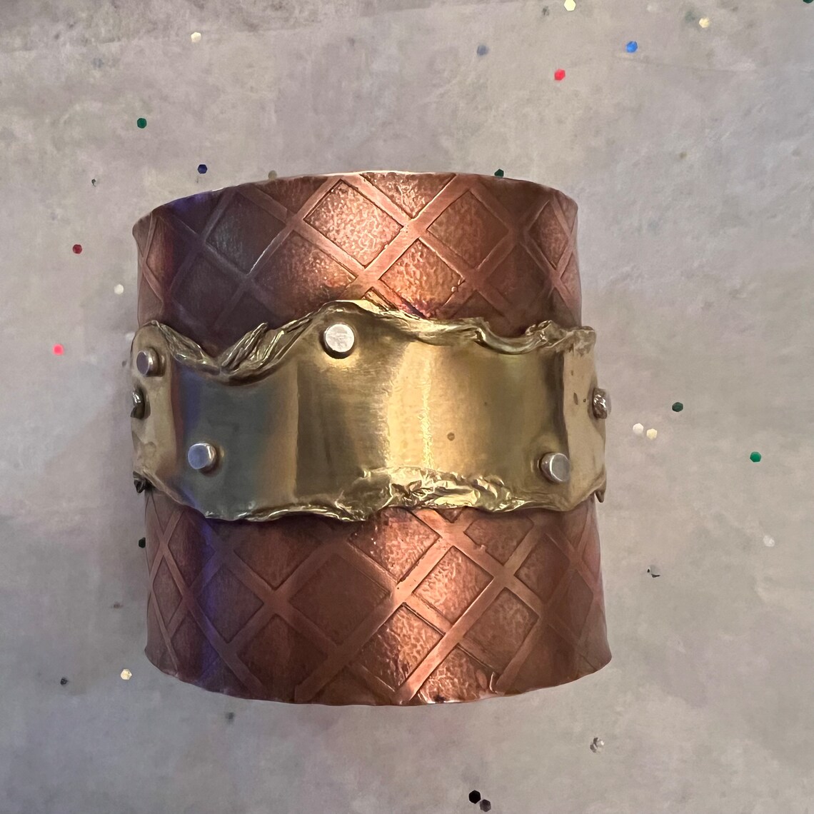 Etched Copper Cuff With Reticulated Brass Plate Riveted With Sterling ...