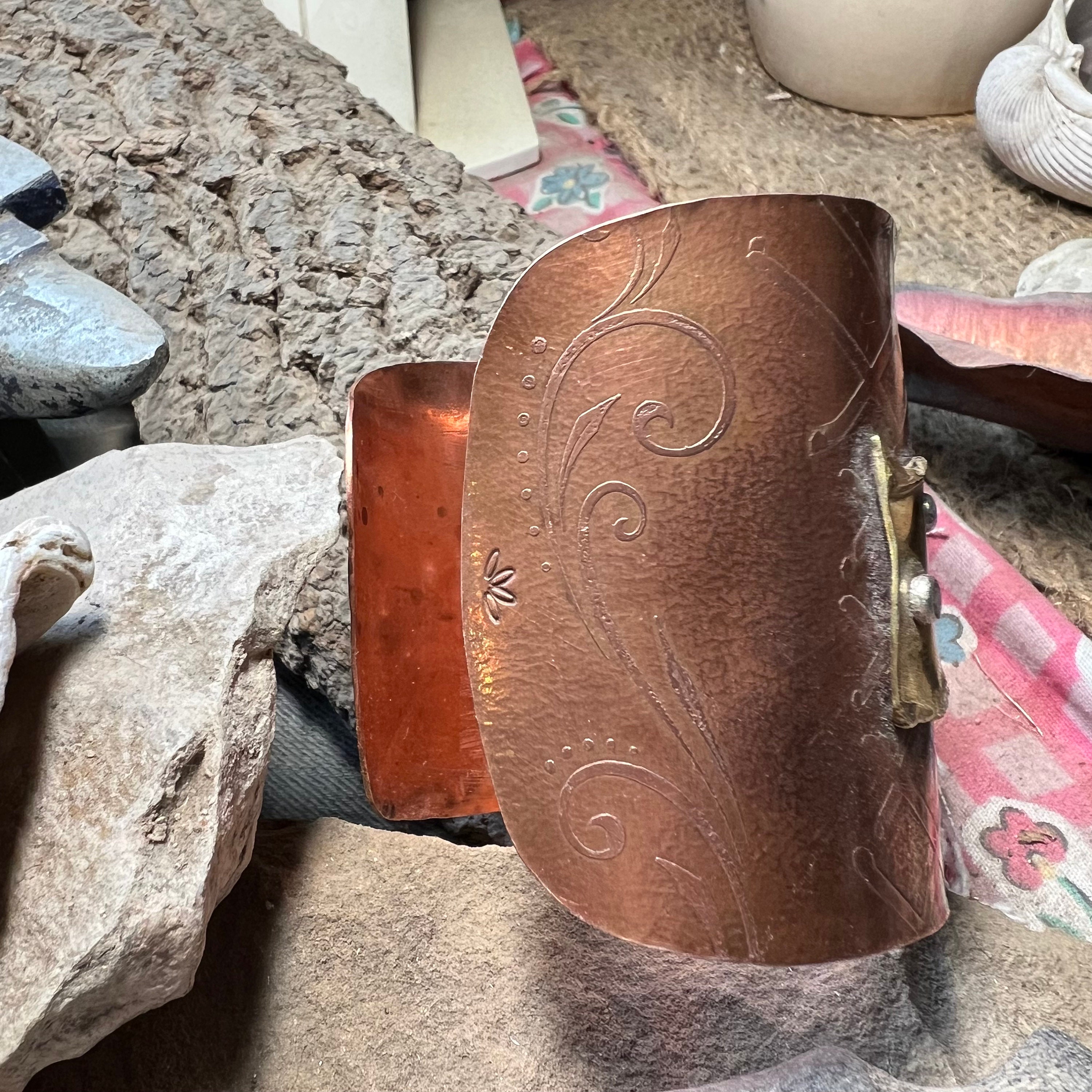 Etched Copper Cuff With Reticulated Brass Plate Riveted With Sterling ...