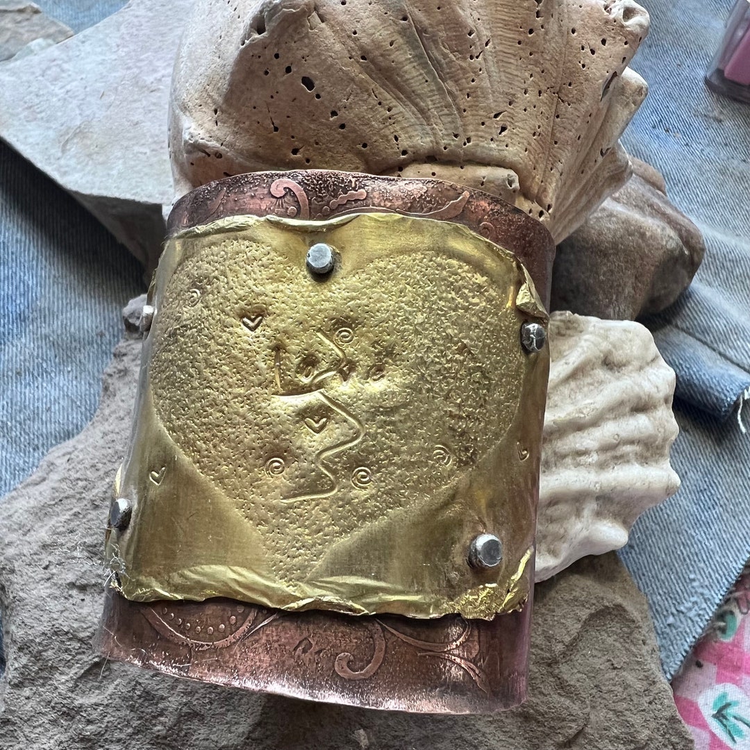 Etched 2.5" Wide Copper Cuff Bracelet With Embossed Reticulated Brass ...