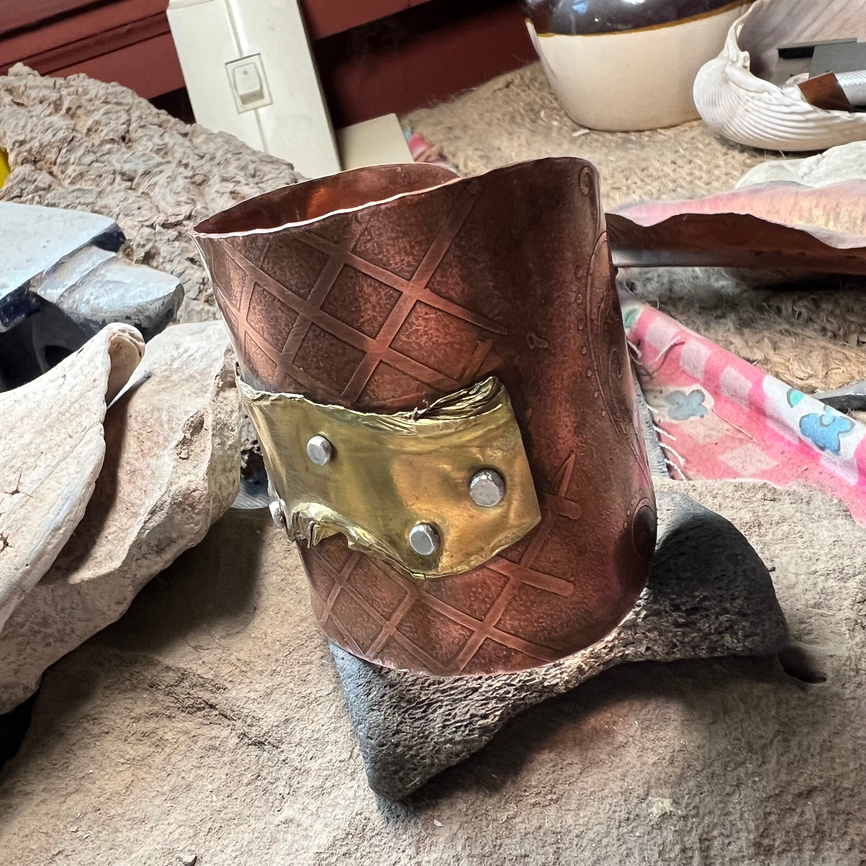Etched Copper Cuff With Reticulated Brass Plate Riveted With Sterling ...