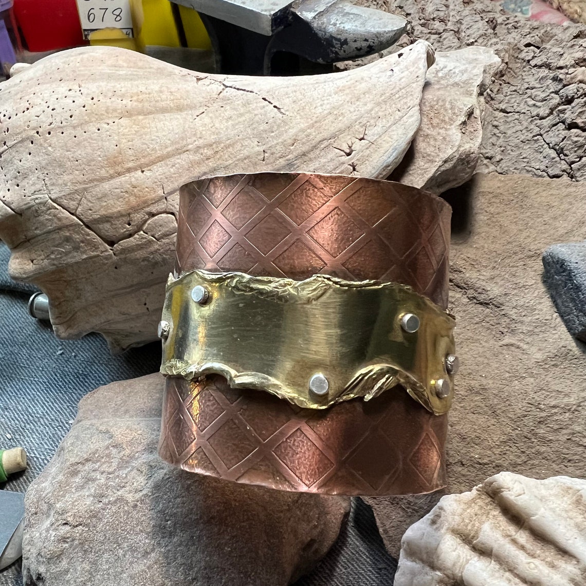 Etched Copper Cuff With Reticulated Brass Plate Riveted With Sterling ...