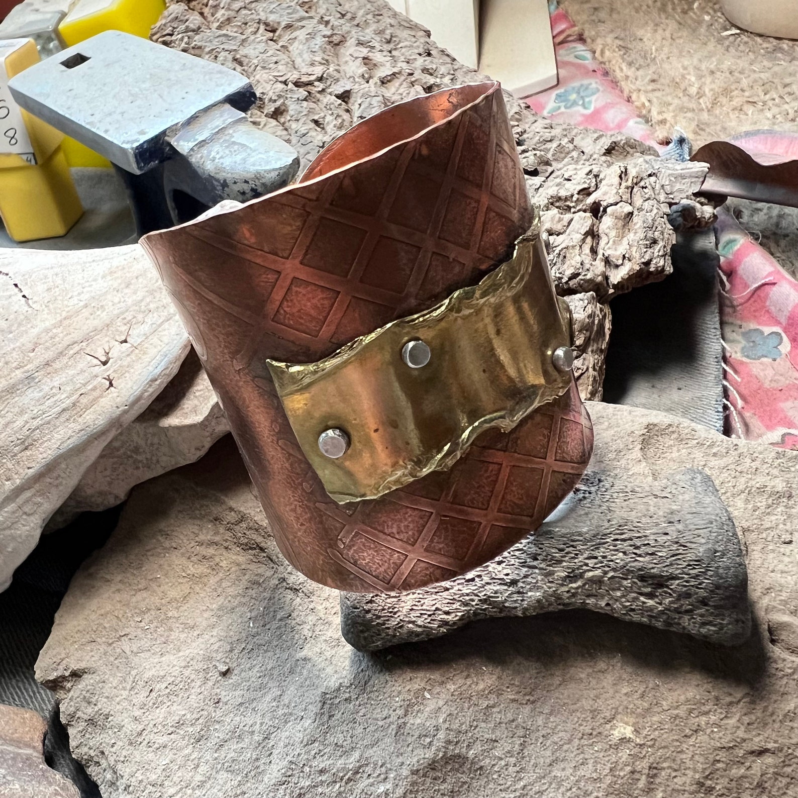 Etched Copper Cuff With Reticulated Brass Plate Riveted With Sterling ...