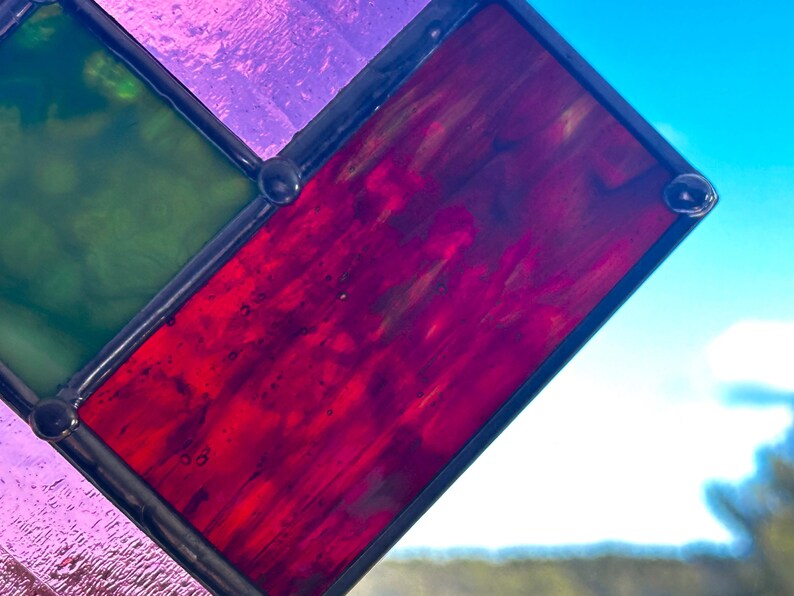 Violet Ember – 7.5" × 7.5" Purple, Red, and Green Stained Glass Diamond ...