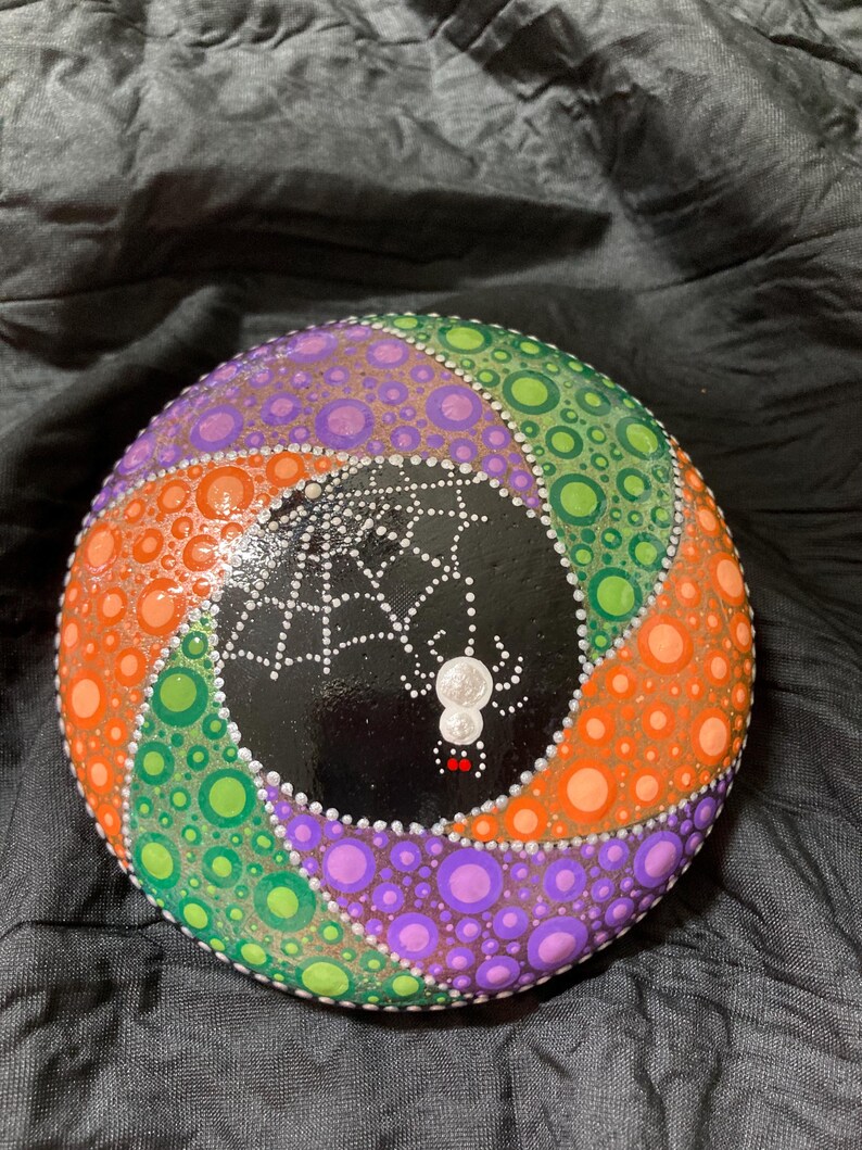 Cute Halloween Art Stone Spider & Web Surrounded by Festive Dot Art ...