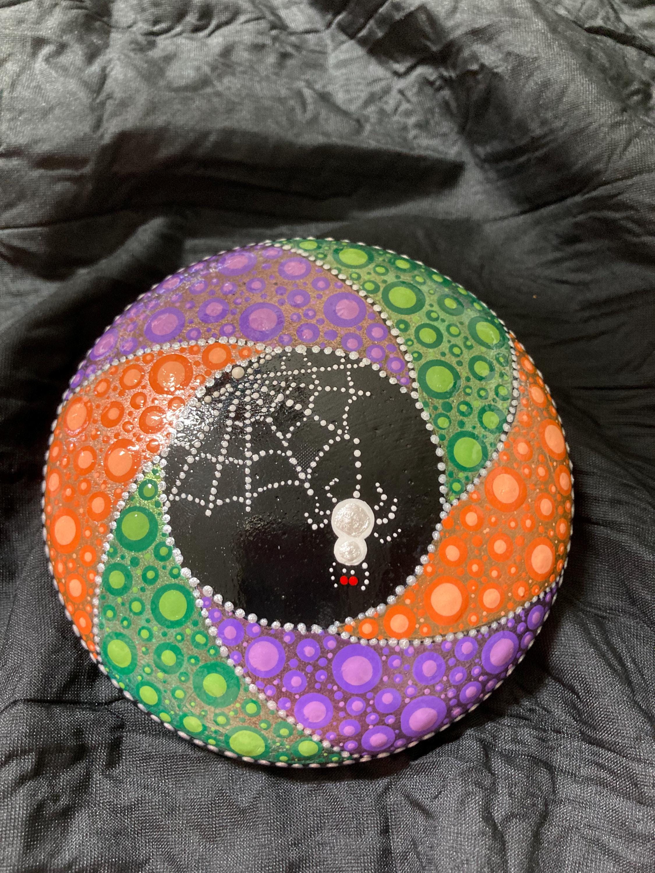 Cute Halloween Art Stone Spider & Web Surrounded by Festive Dot Art ...