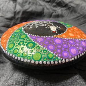 Cute Halloween Art Stone Spider & Web Surrounded by Festive Dot Art ...