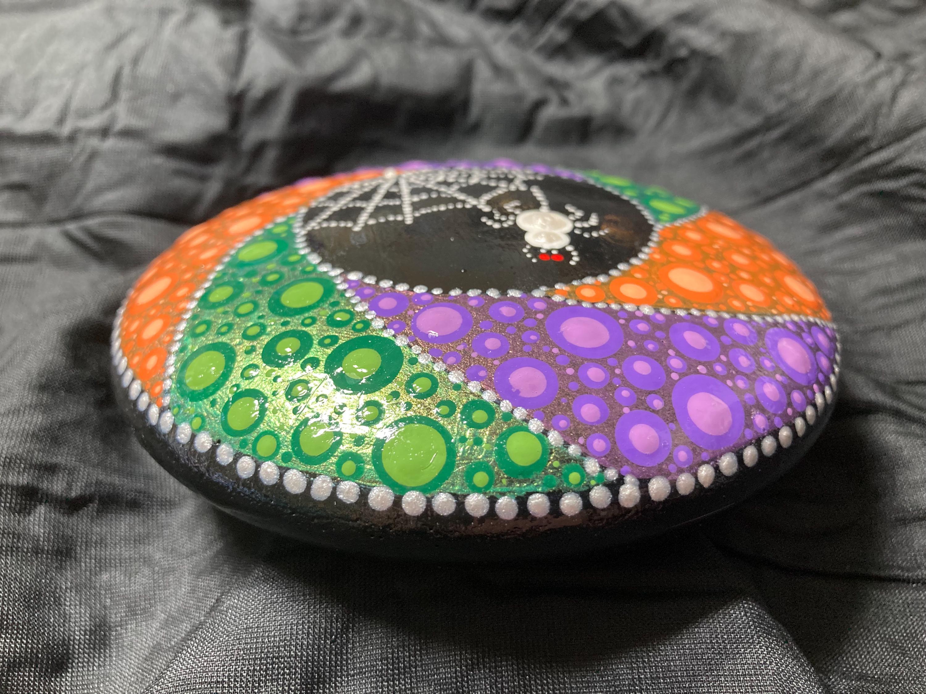 Cute Halloween Art Stone Spider & Web Surrounded by Festive Dot Art ...