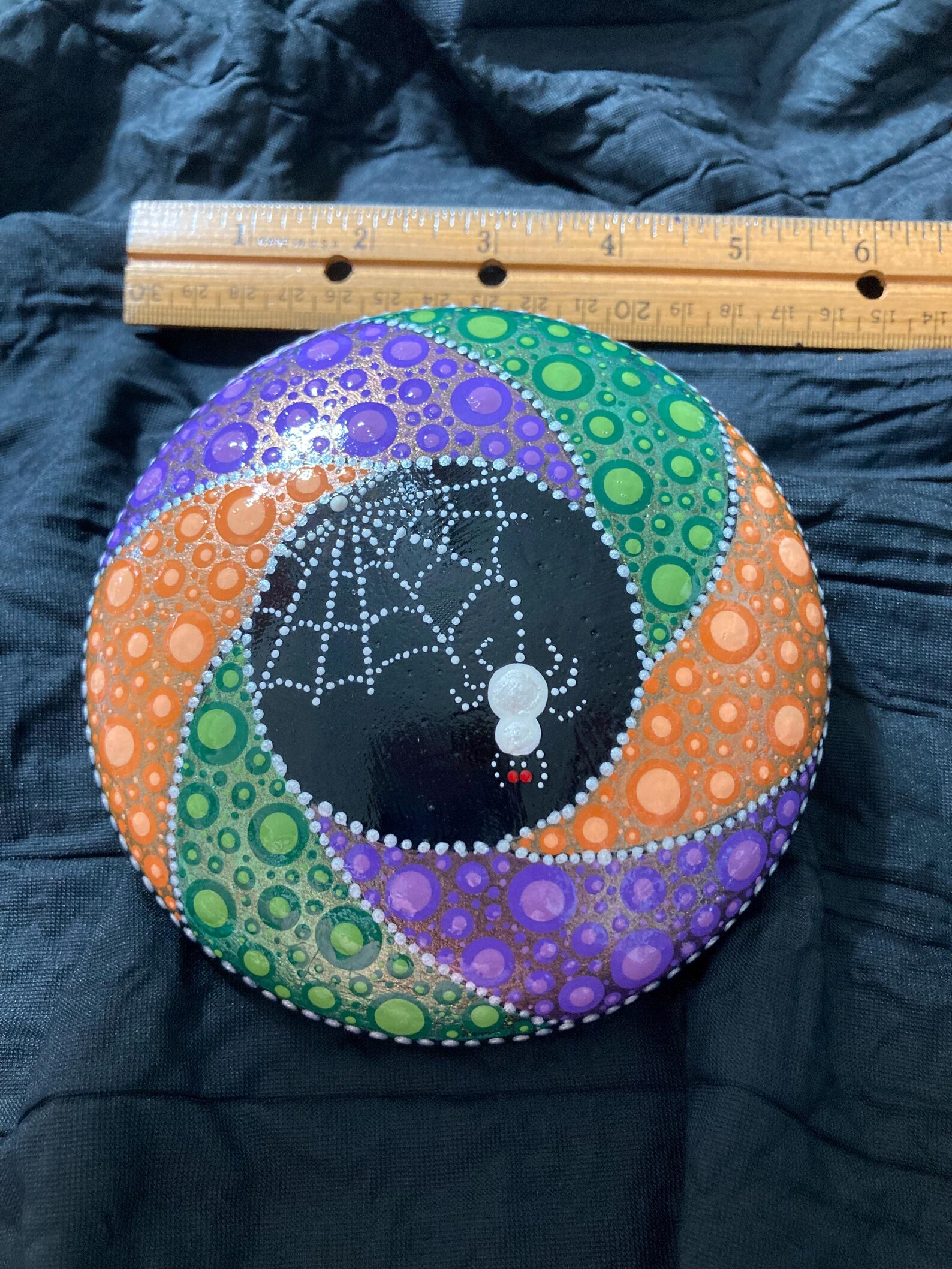 Cute Halloween Art Stone Spider & Web Surrounded by Festive Dot Art ...