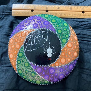 Cute Halloween Art Stone Spider & Web Surrounded by Festive Dot Art ...