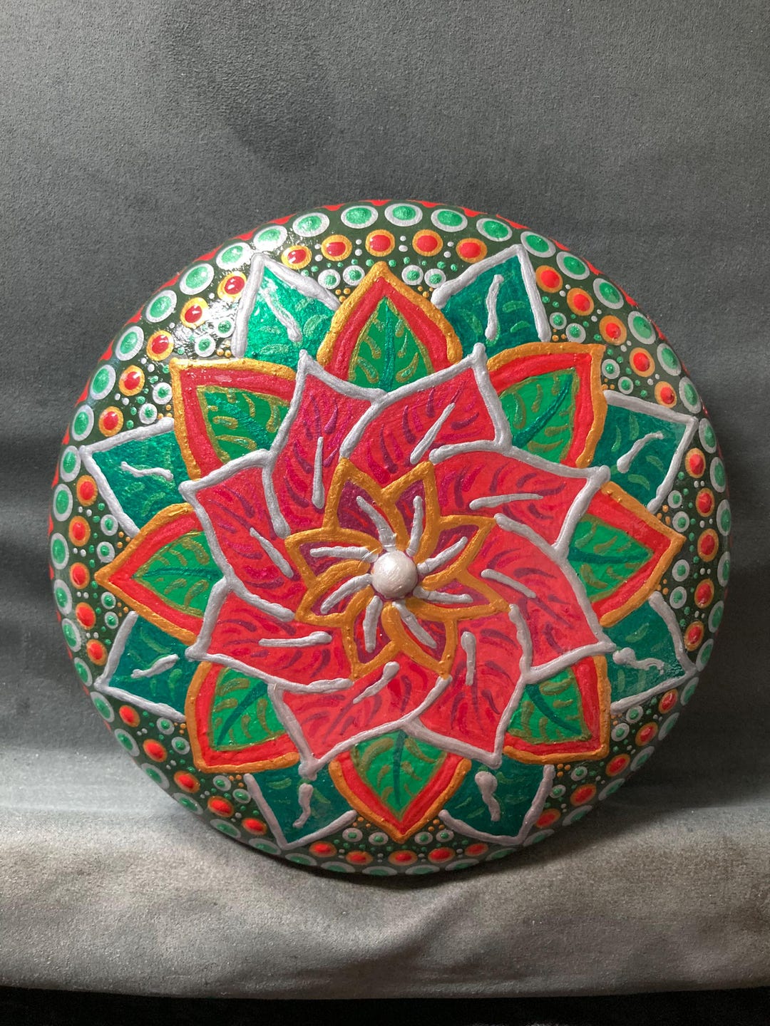 Festive Christmas Poinsettia Flower Hand Painted Red Green Silver Gold ...