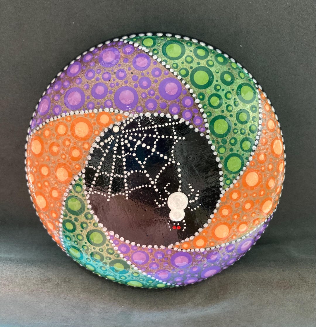 Cute Halloween Art Stone Spider & Web Surrounded by Festive Dot Art ...