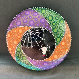 Cute Halloween Art Stone Spider & Web Surrounded by Festive Dot Art ...