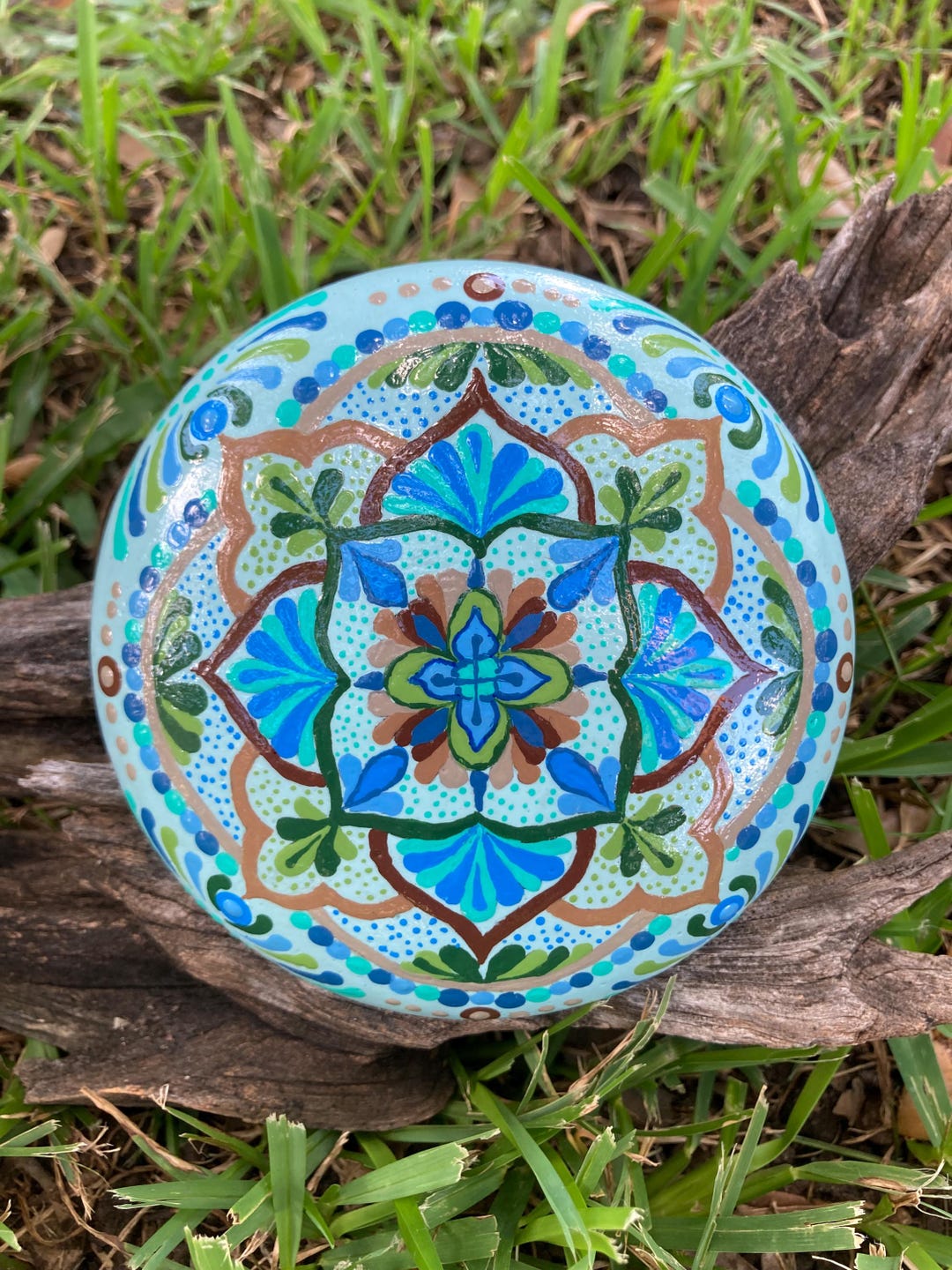 Beach Mandala Stone: Hand-painted Cement Paperweight, Meditation Gift ...