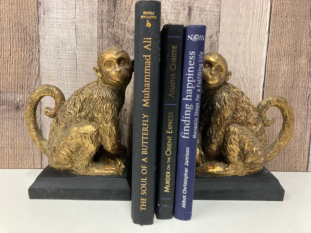 Pair of Monkey Bookends / Gold Monkey Ornament / Gold Monkey Book Ends ...