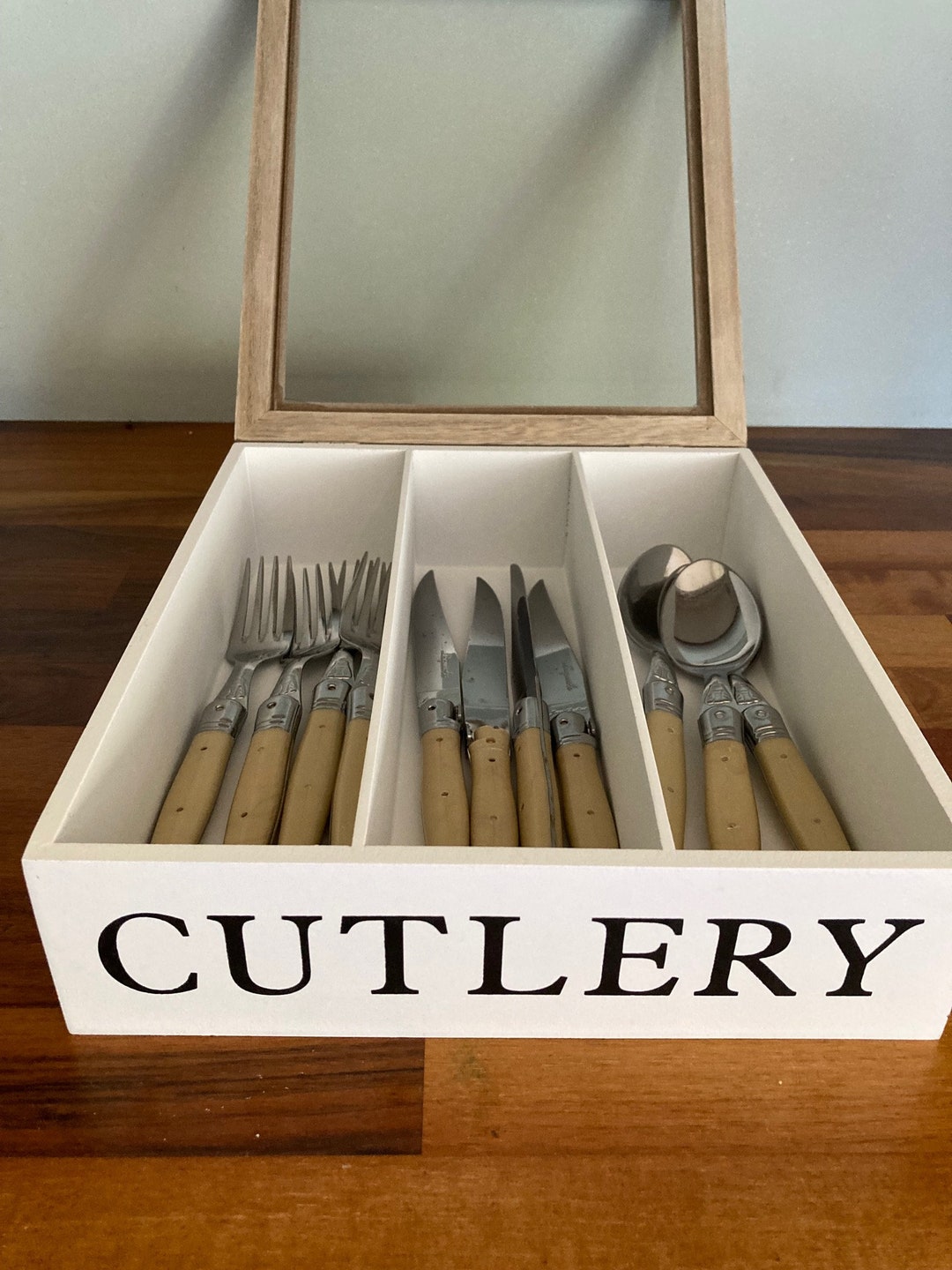 Wooden Cutlery Box Holder Tray for Tabletop Wood Cutlery Caddy Storage ...