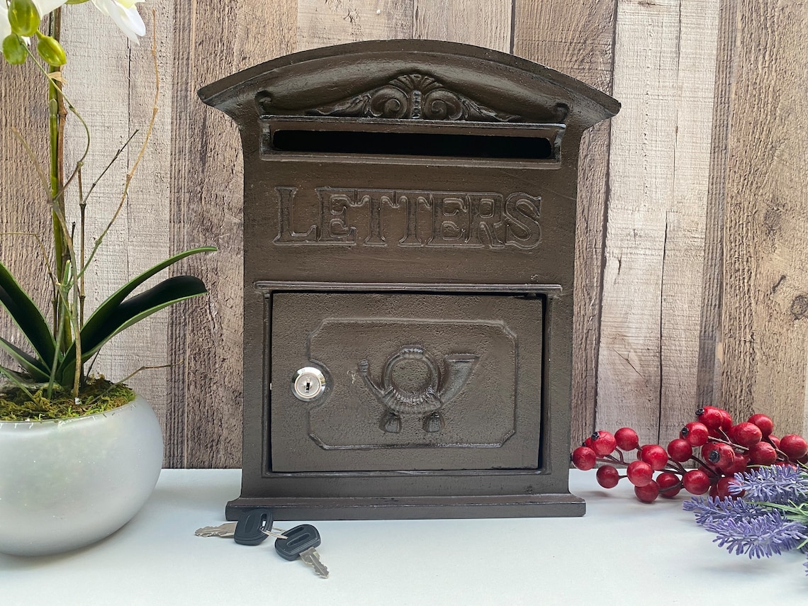 Brown Metal Post Box - External Mail Box - Heavy Iron Letter Box - Wall ...
