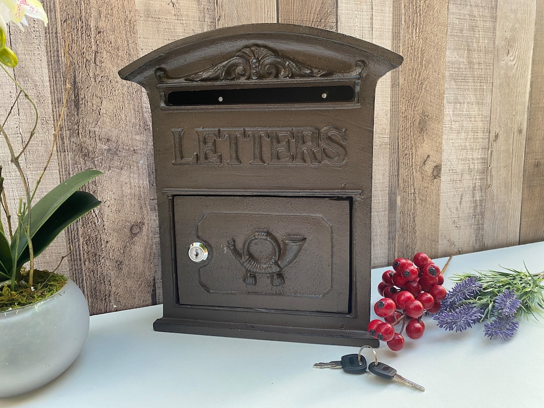 Brown Metal Post Box - External Mail Box - Heavy Iron Letter Box - Wall ...