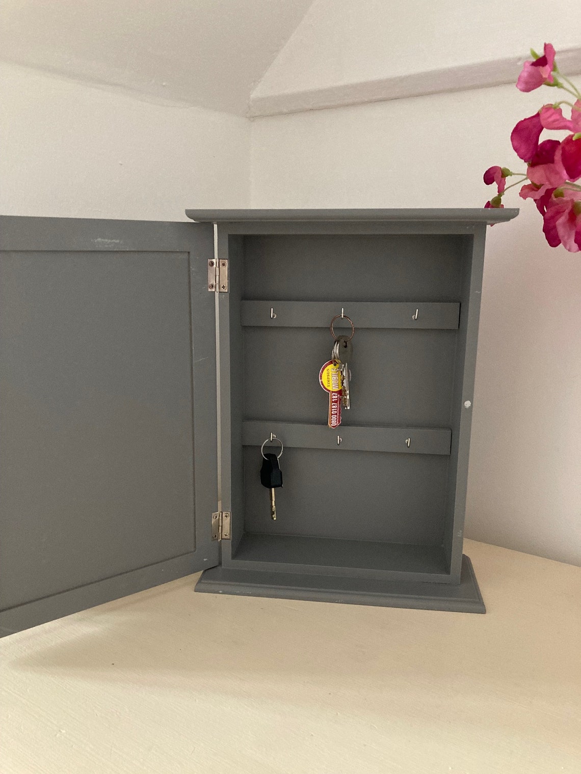 Key Holder Box Wall Mount Keys Hook Holder Wall Grey Wooden Storage ...