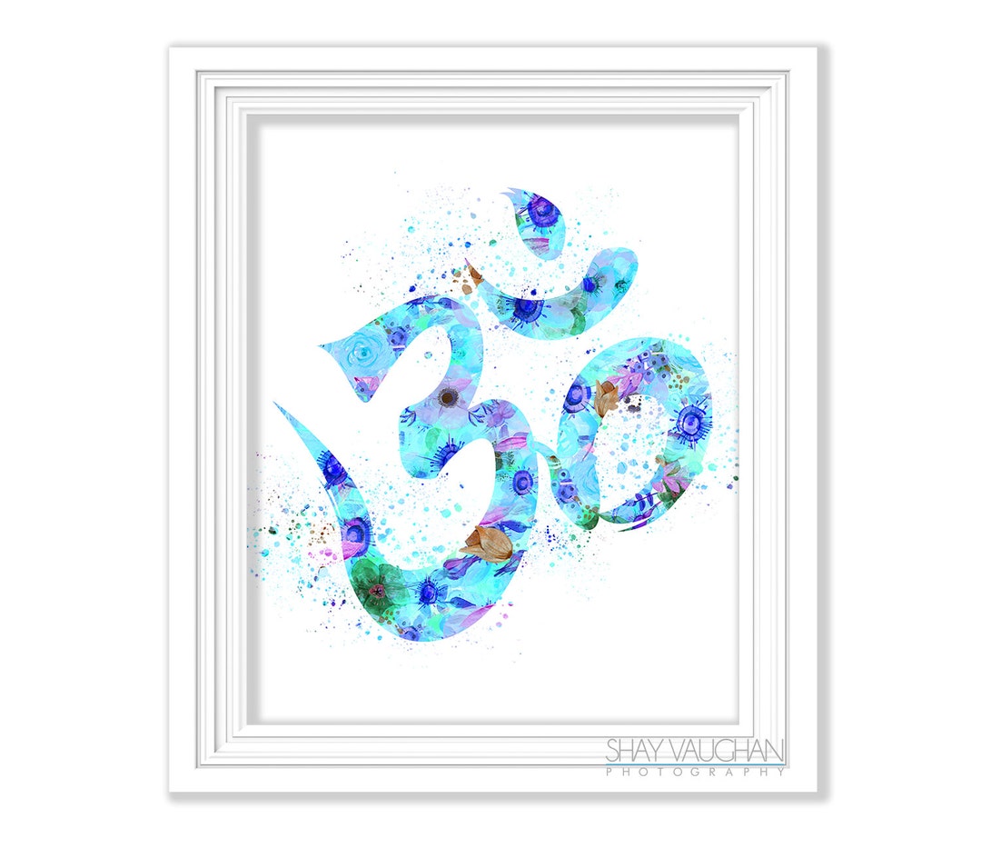 Om Symbol Art Print Blue Floral Watercolor Yoga Poster Illustration ...