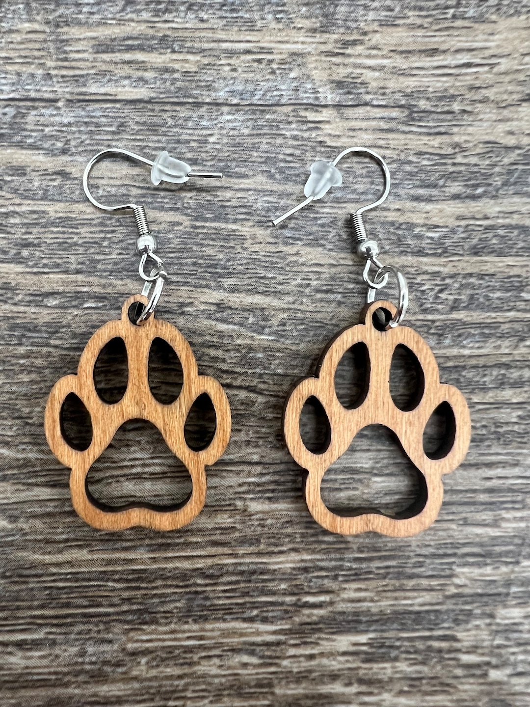 Dog Paw Laser Cut Cherry Wood Earrings Unique Natural Statement Jewelry ...