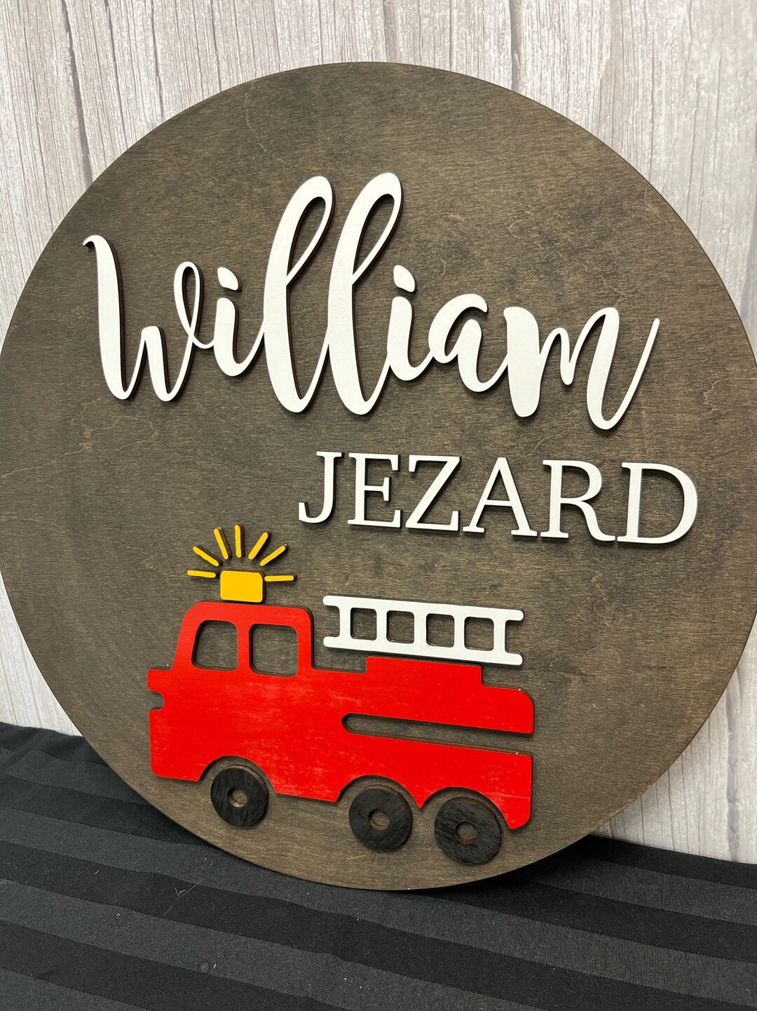Round Name Sign/fire Truck Fireman/custom Nursery Cutout Wood Sign ...
