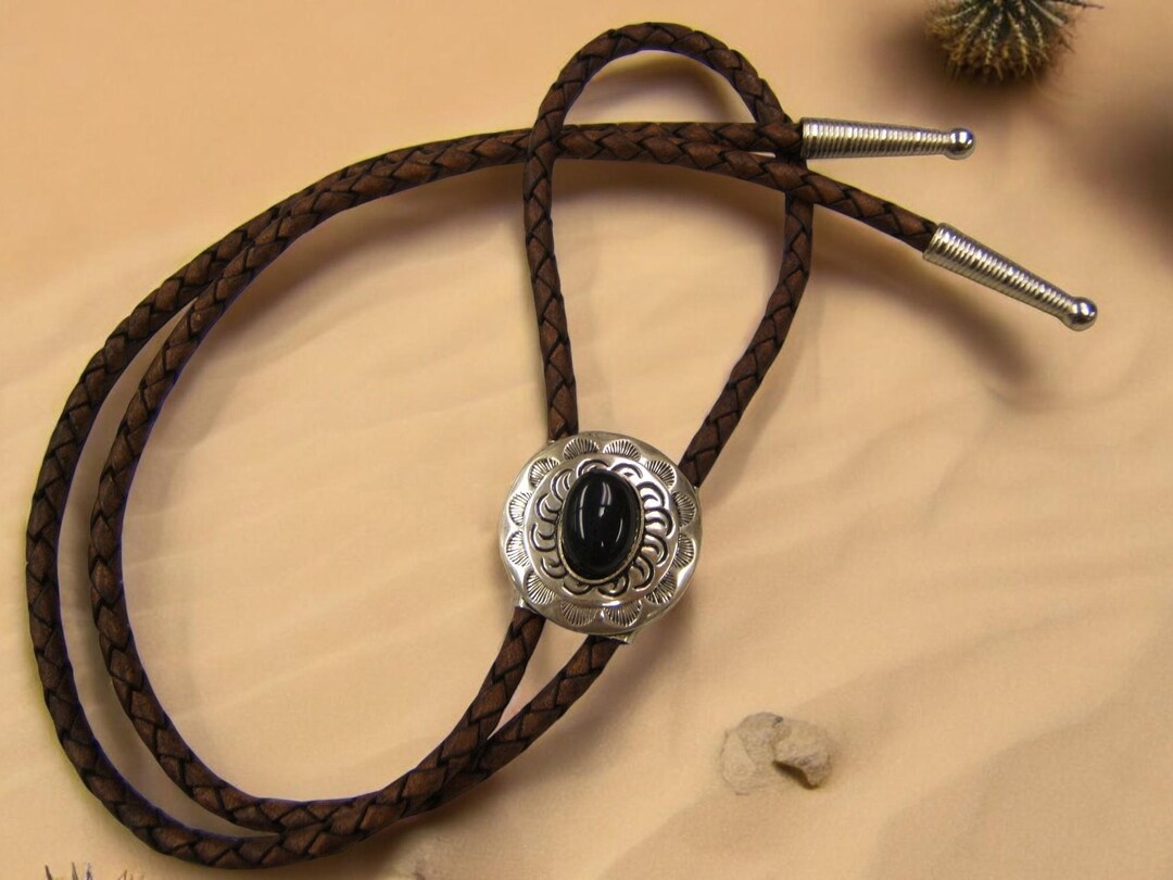Native American Inspired Silver Concho Bolo Tie Bola W Onyx Gemstone ...