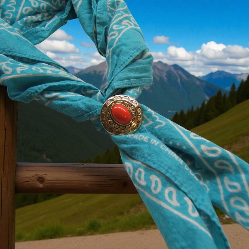 Brass Concho Bandana Slide W Vintage Bandana Coral Colored Cabochon ...