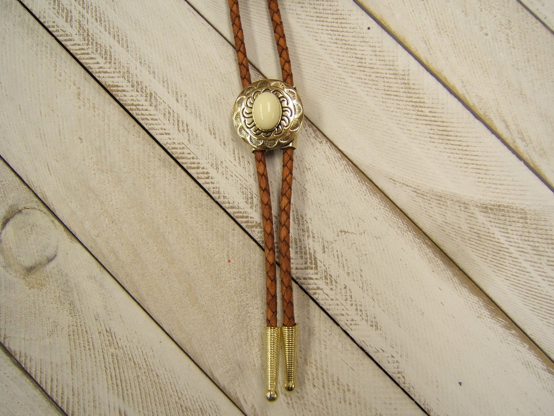 Cowgirl Cowboy Wear Accessories Brass Bolo Tie W Ivory Cabochon W ...