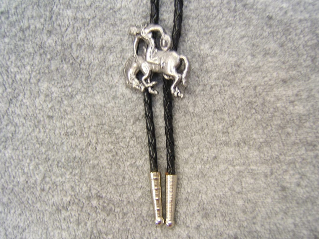 Silver Tone Bolo Tie Cowboy on Bronco Horse Bolo Tie Western String Tie ...