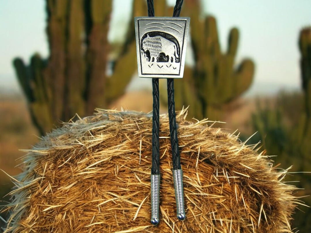 Antiqued Pewter Buffalo Bolo Tie – Western Leather Necklace, Made in ...