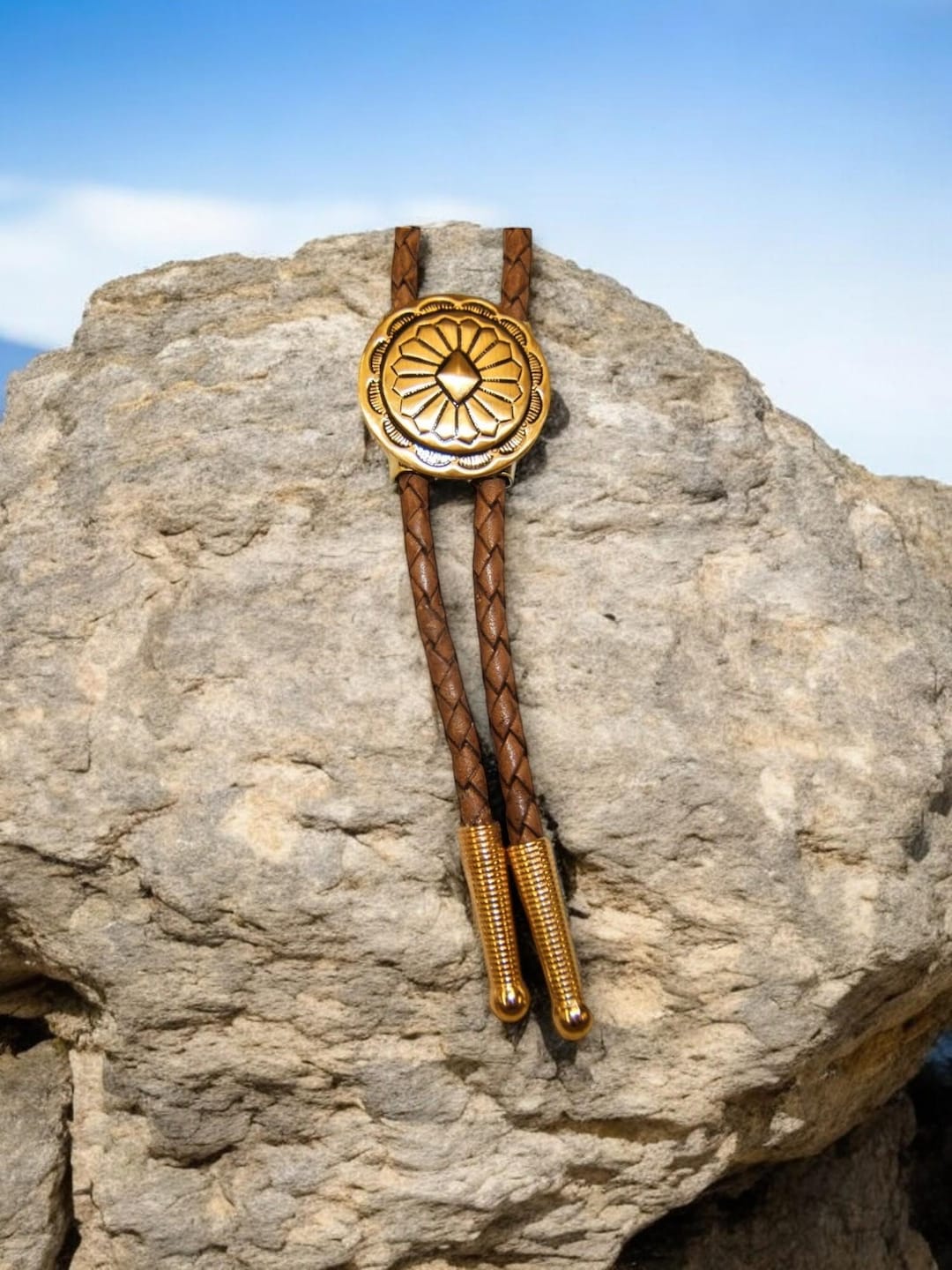 Satin Finish Brass Concho Bolo Tie Lariat Festival Necklace Western ...