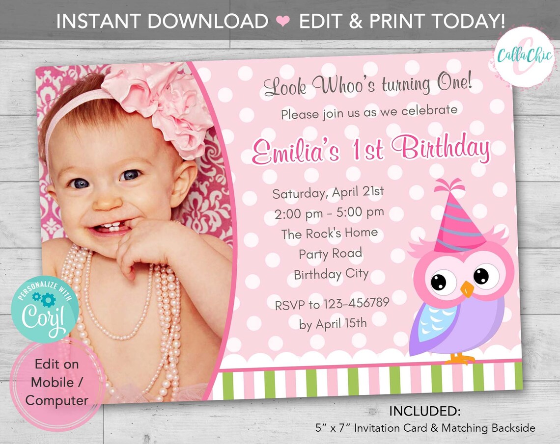 Owl 1st Birthday Invitation PRINTABLE With Photo Girl Pink | Etsy