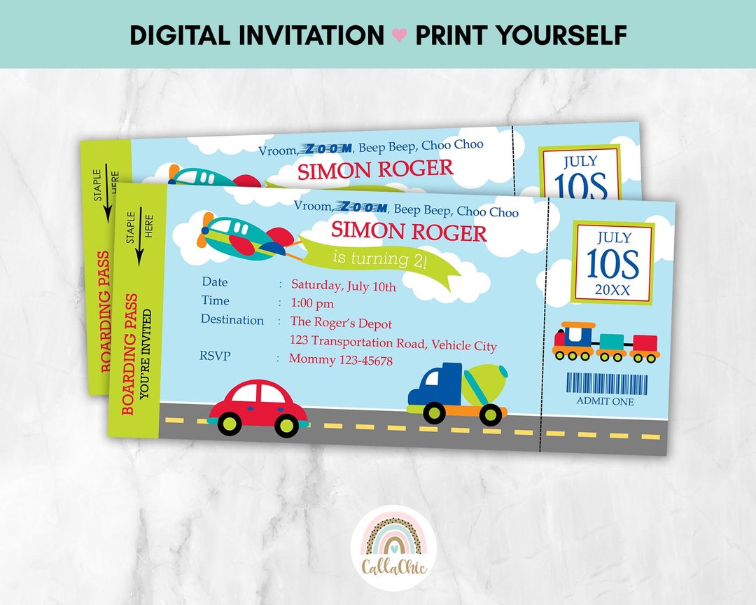 Transportation Ticket Invitation PRINTABLE - Boarding Pass Birthday ...