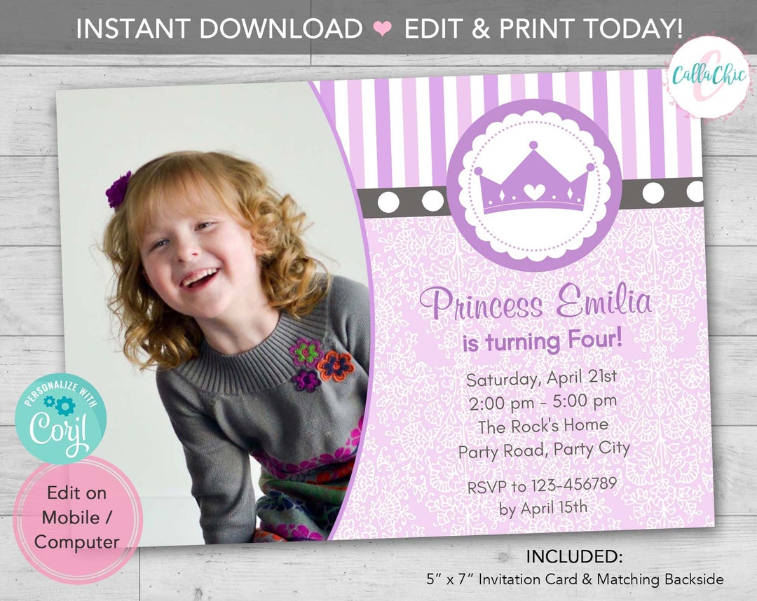 Purple Princess Birthday Invitation PRINTABLE With Photo - Etsy