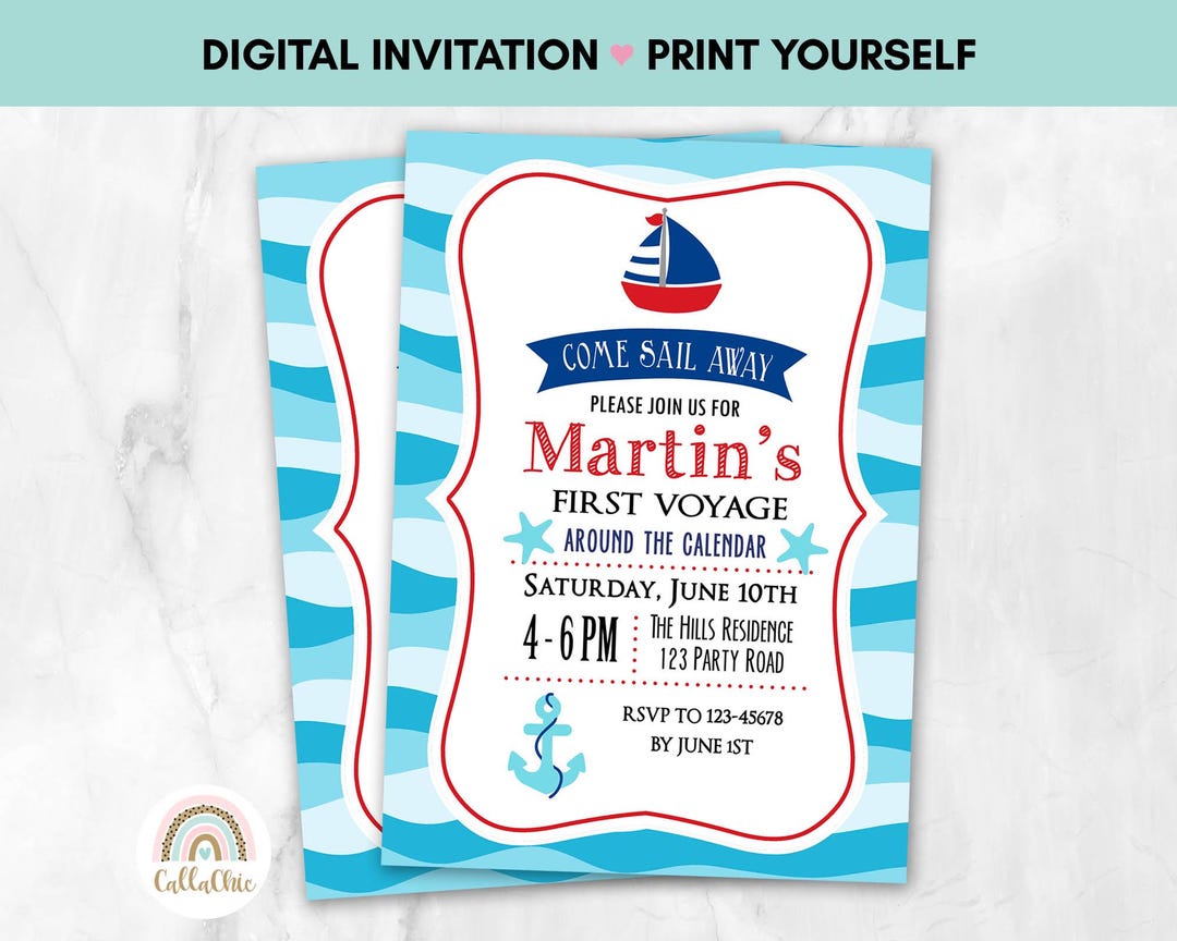 Nautical Birthday Invitation PRINTABLE - Ship Boat Anchor in Bright ...