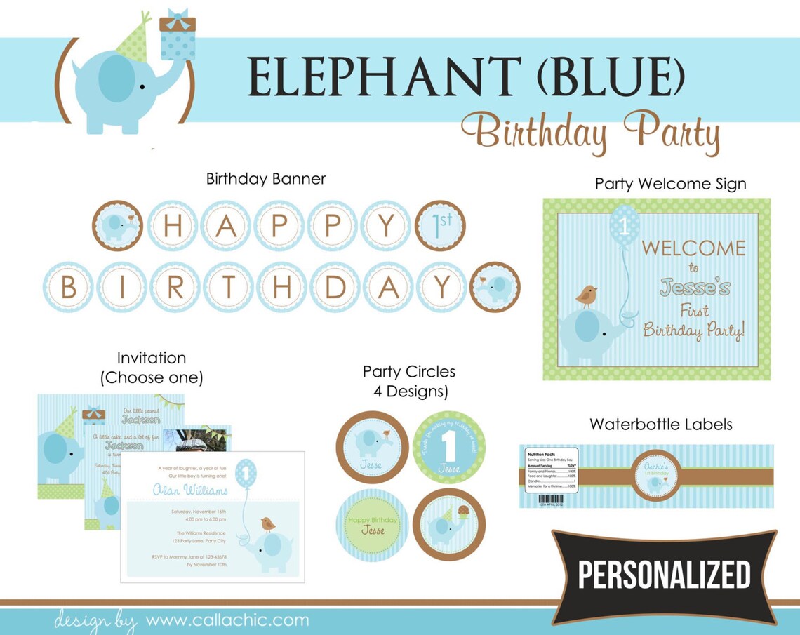 Elephant 1st Birthday Party Package PRINTABLE for Boys blue | Etsy
