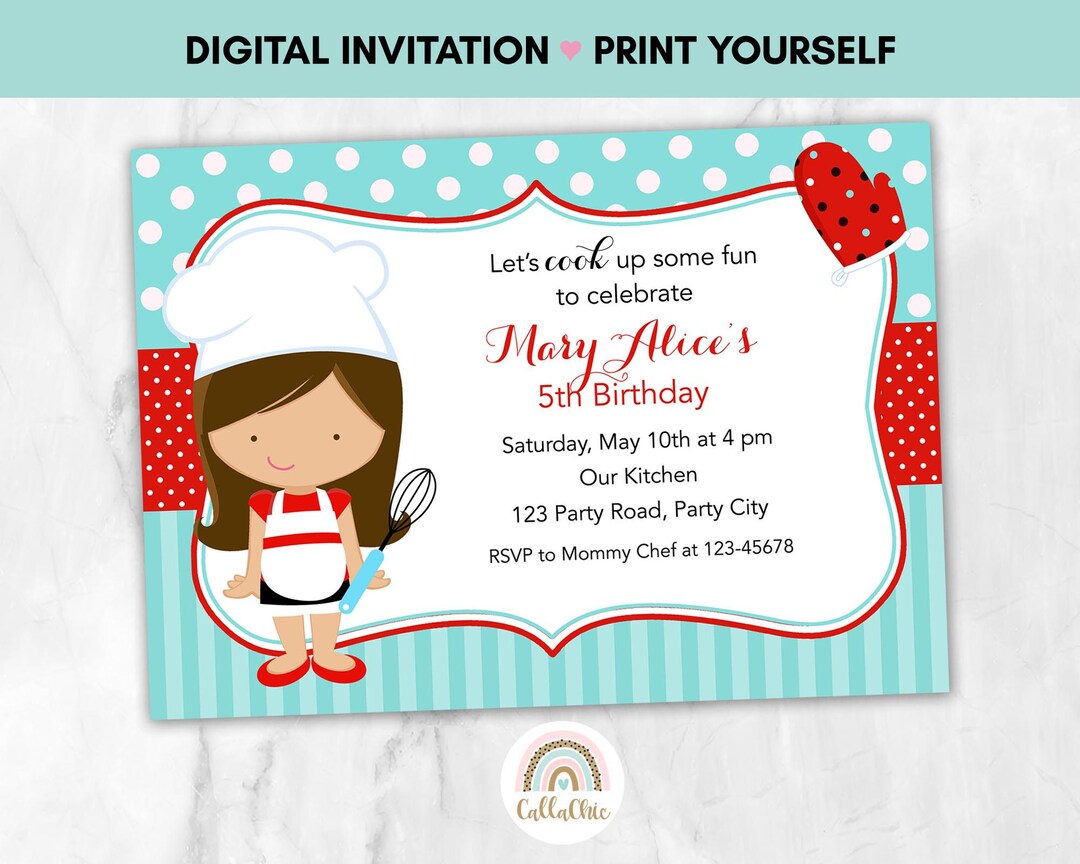 Chef Birthday Invitation PRINTABLE - Girl Cooking Party Baking Invites ...