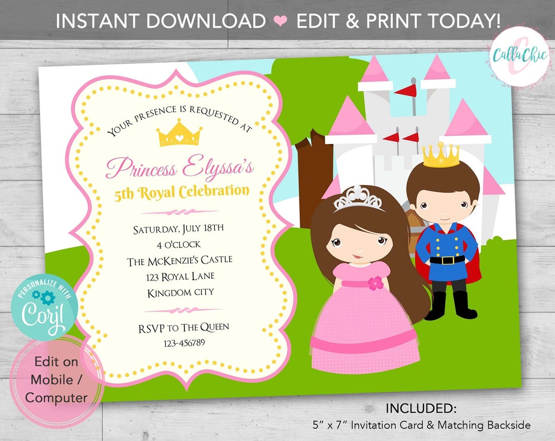 Princess Birthday Invitation INSTANT DOWNLOAD PRINTABLE Girl Royal ...