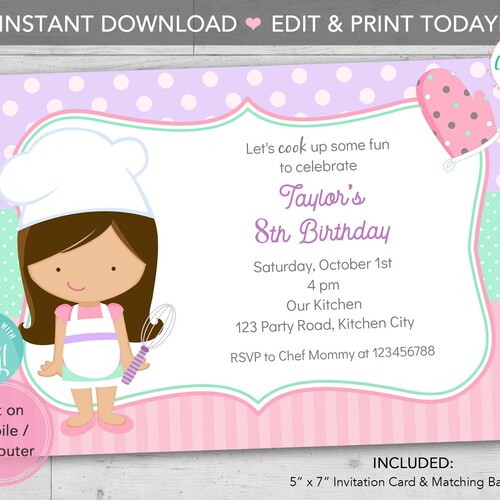 Cooking Birthday Party Invitation Chef Baking Party Birthday - Etsy