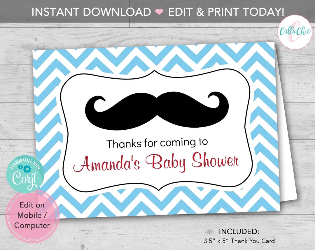 Mustache Thank You Card INSTANT DOWNLOAD DIY Printable - Etsy