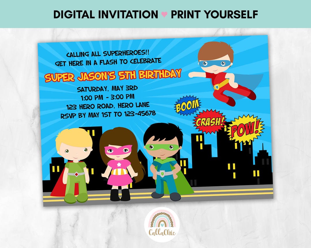 Superhero Invitation PRINTABLE Template - Blue Skyline With Sunburst ...