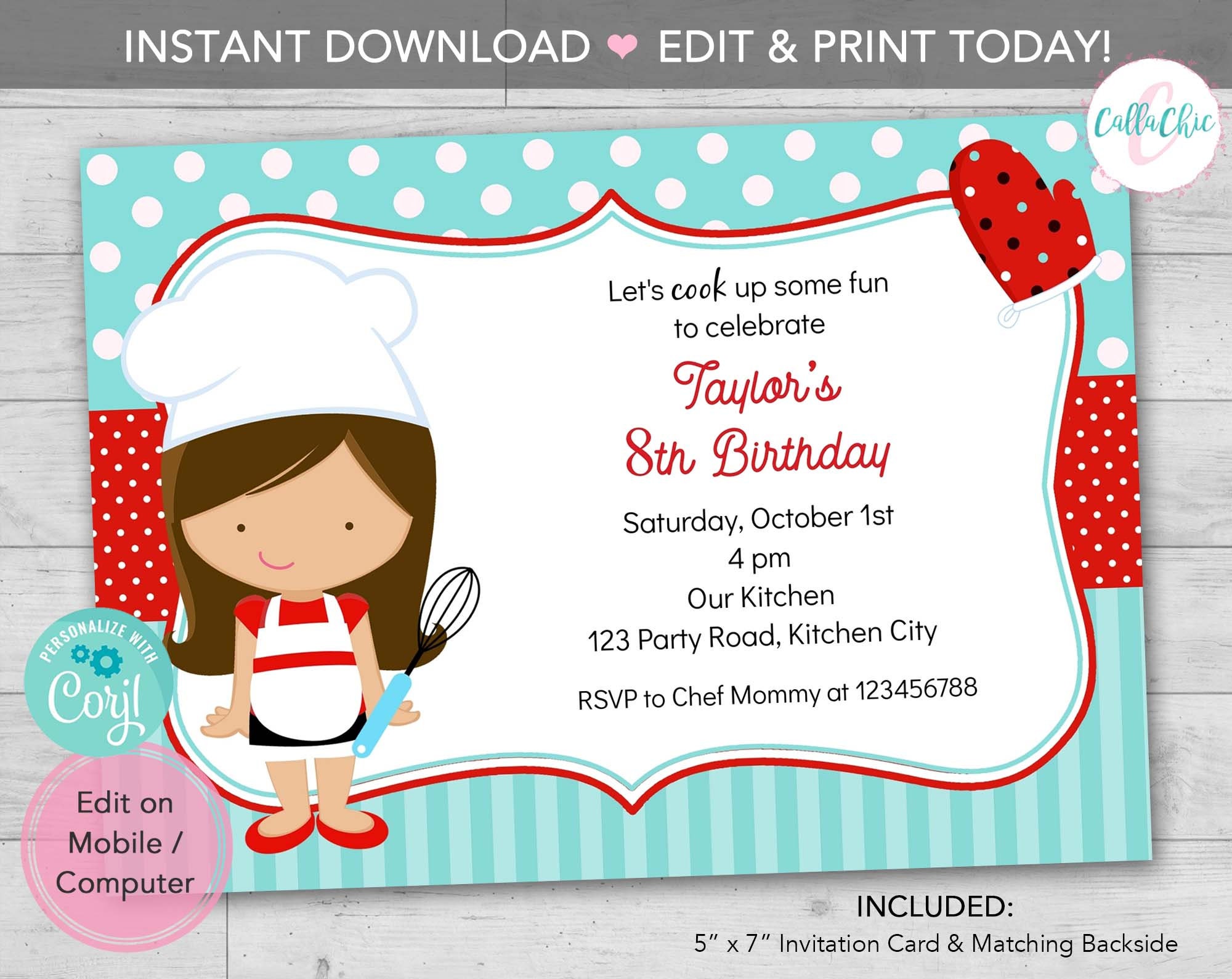 Chef Birthday Invitation PRINTABLE Instant Download Girl | Etsy