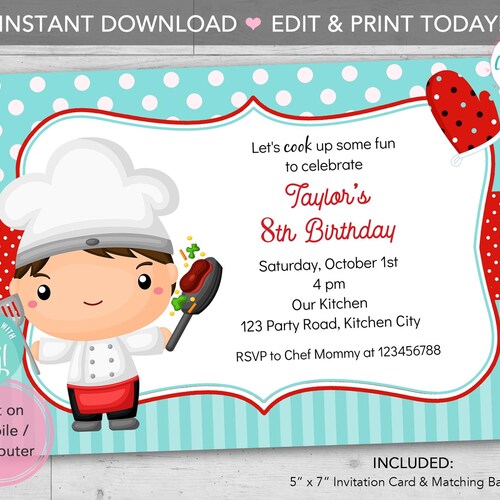 Cooking Party Invitation Chef Birthday Party Invitation Red - Etsy
