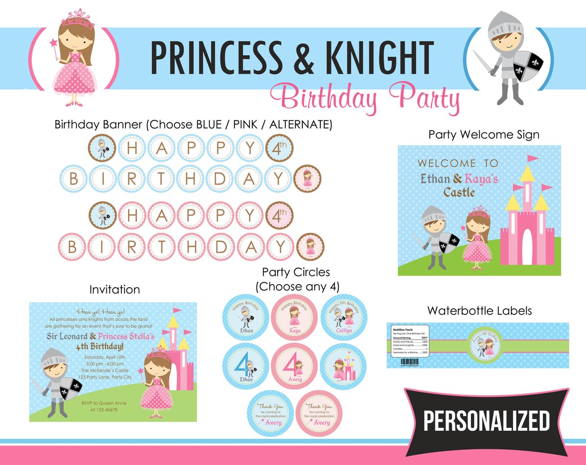 Princess and Knight Party Package PRINTABLE Boy Girl Twin - Etsy