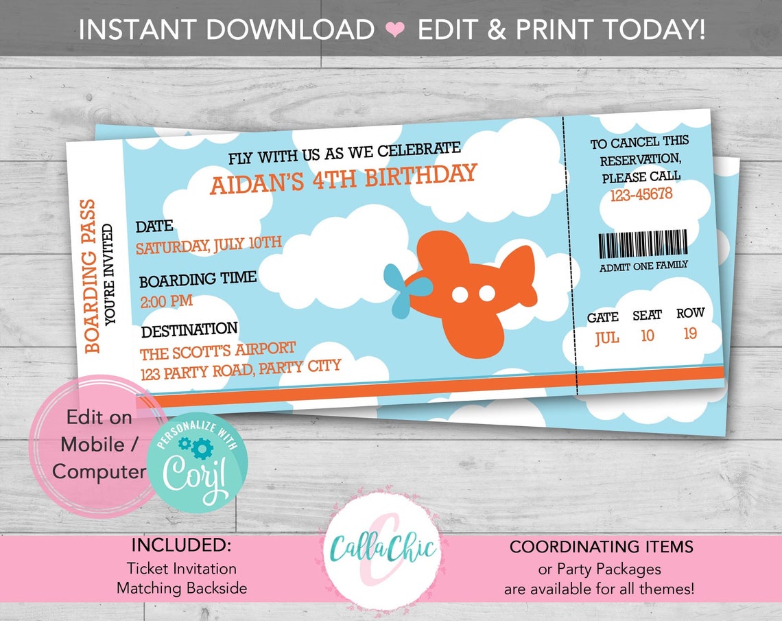 Airplane Boarding Pass Ticket Invitation Template PRINTABLE - Etsy